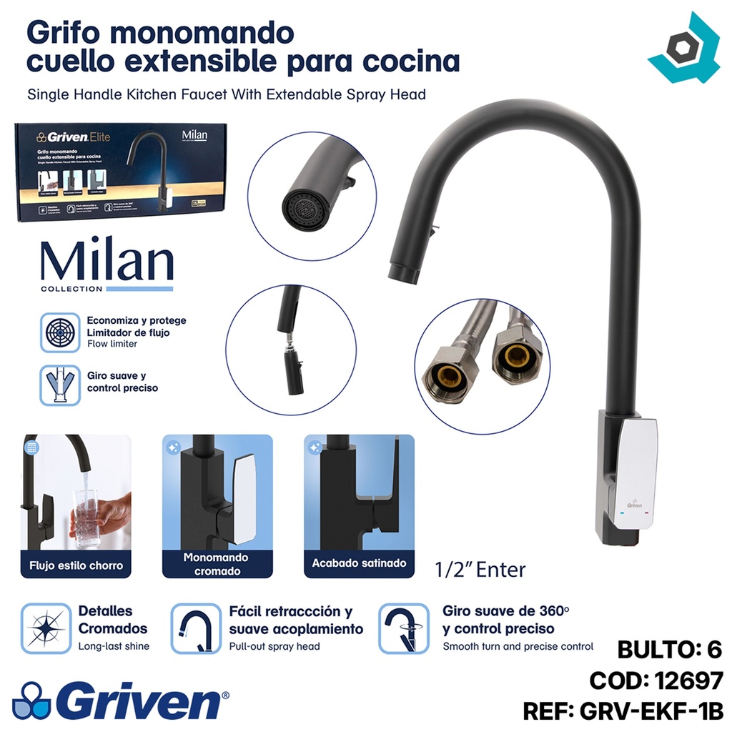 GRIFERIA PARA FREGADERERO CUELLO EXTENSIBLE NEGRO MATE GRIVEN ELITE EDICION MILAN COLLECTION ...